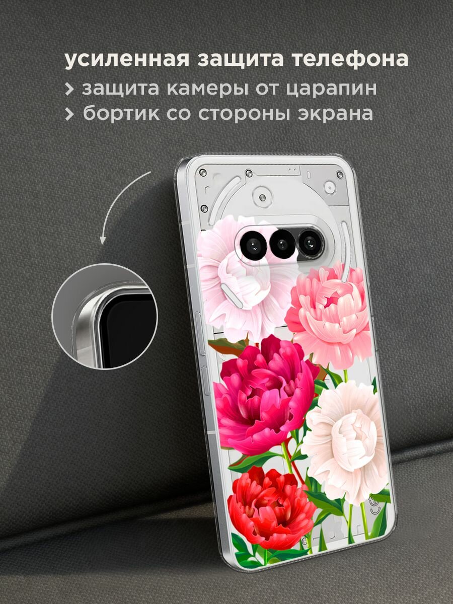 Чехол на Nothing Phone 3a / Нотинг Фон 3а с принтом "Большие пионы", прозрачный — фото 1