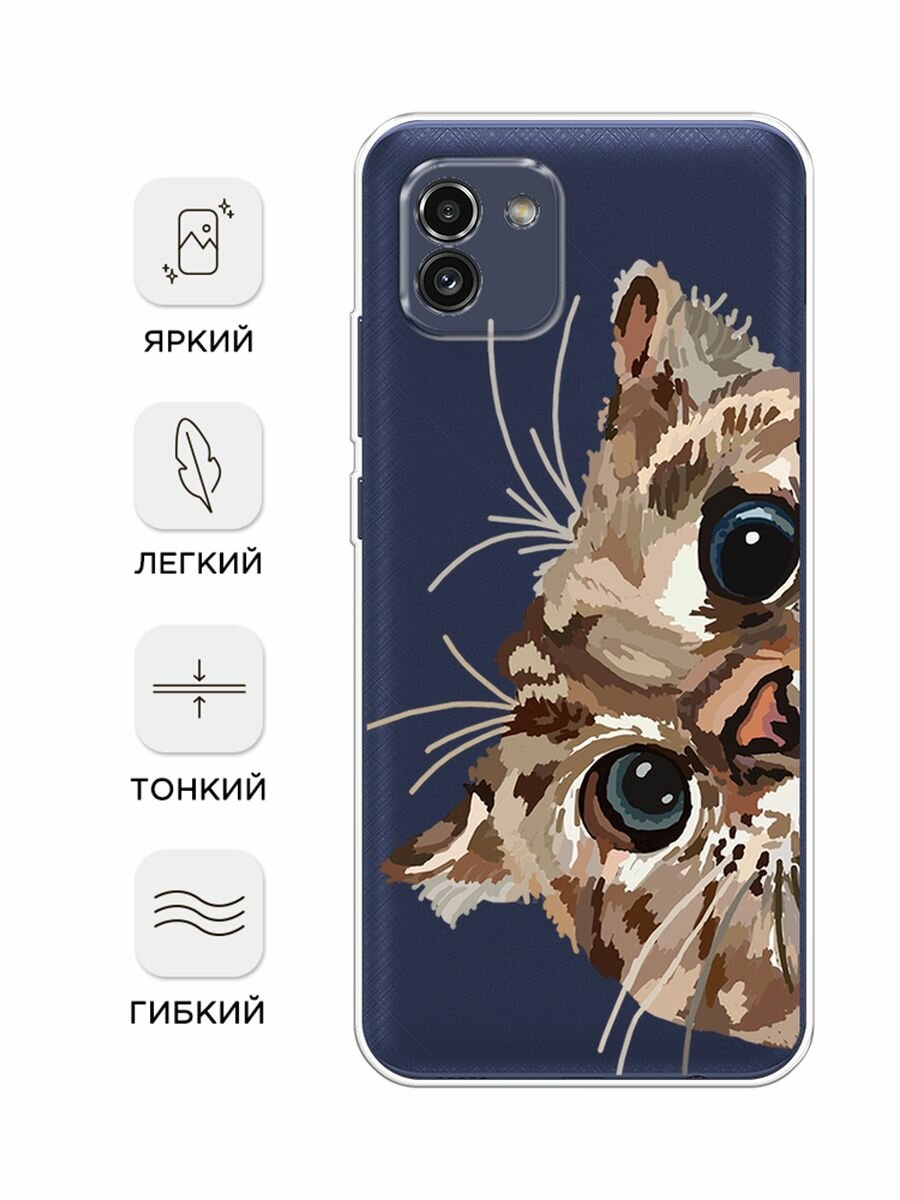 Чехол на Samsung Galaxy A03 / Самсунг Галакси А03 с принтом "Любопытный кот", прозрачный — фото 1