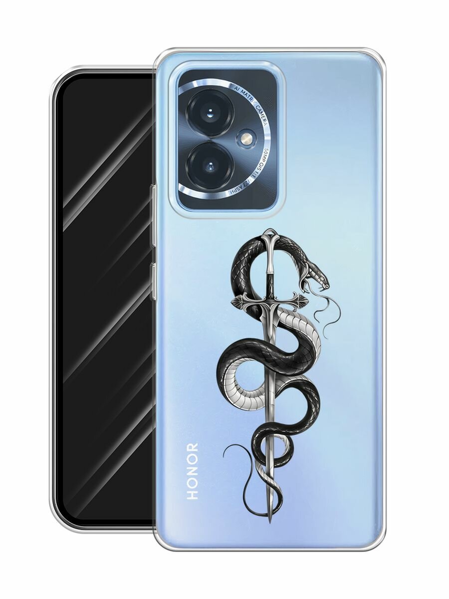 Чехол на Honor 100 / Хонор 100 с принтом "Змея с мечом чёрная", прозрачный — фото 1
