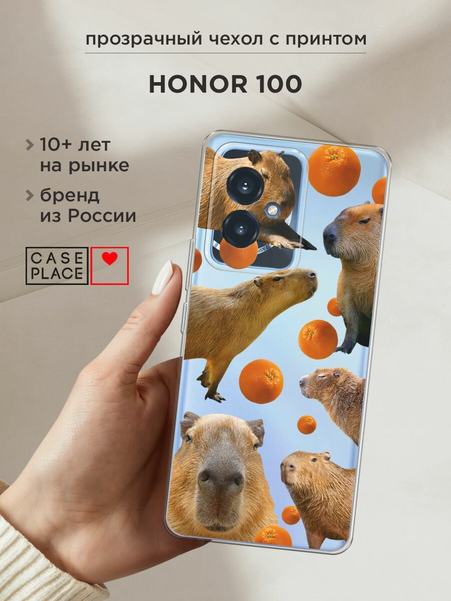 Чехол на Honor 100 / Хонор 100 с принтом "Капибара и апельсины", прозрачный