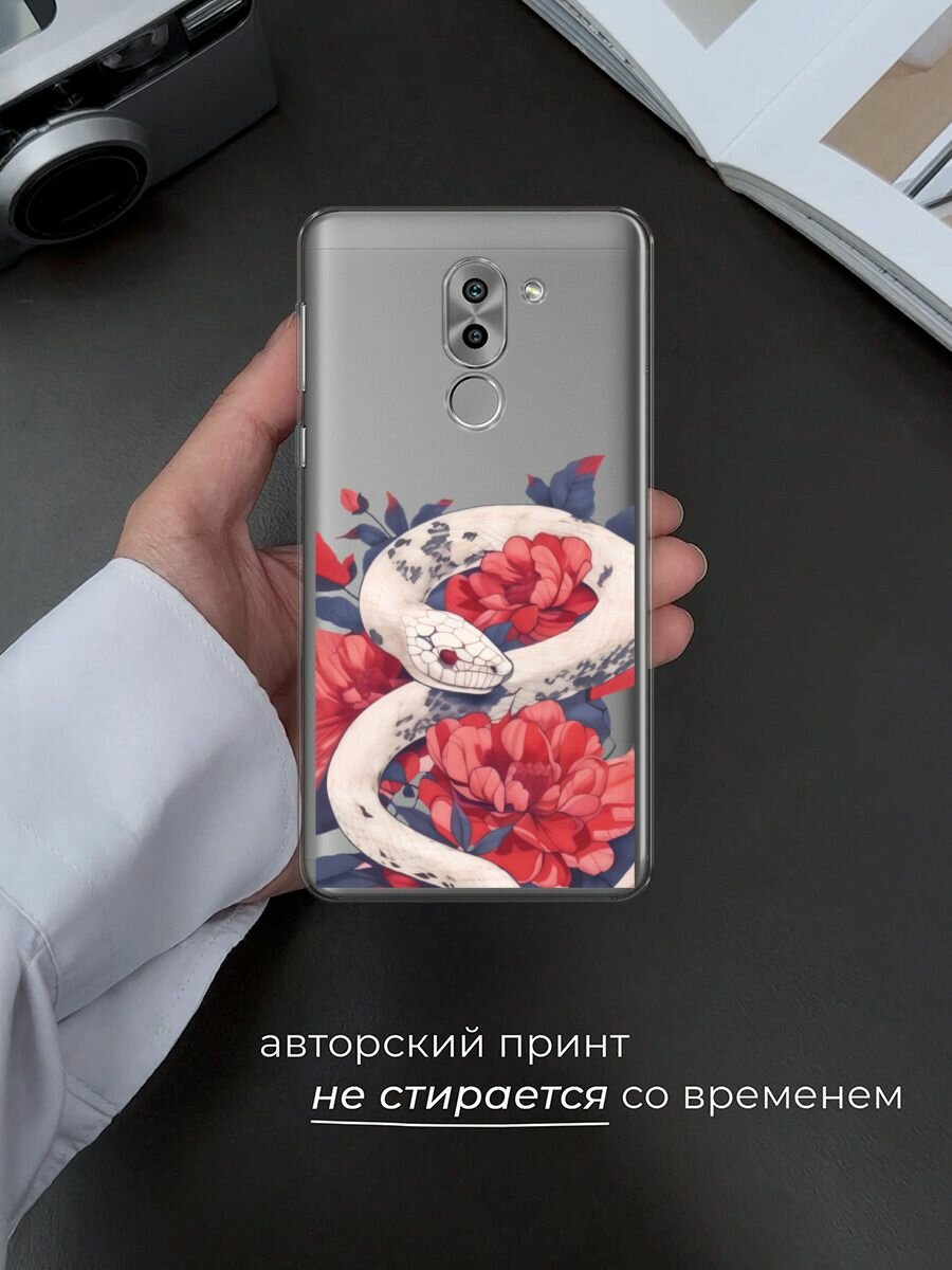 Чехол на Honor 6X / Хонор 6Х с принтом "Белая змея в цветах", прозрачный — фото 1