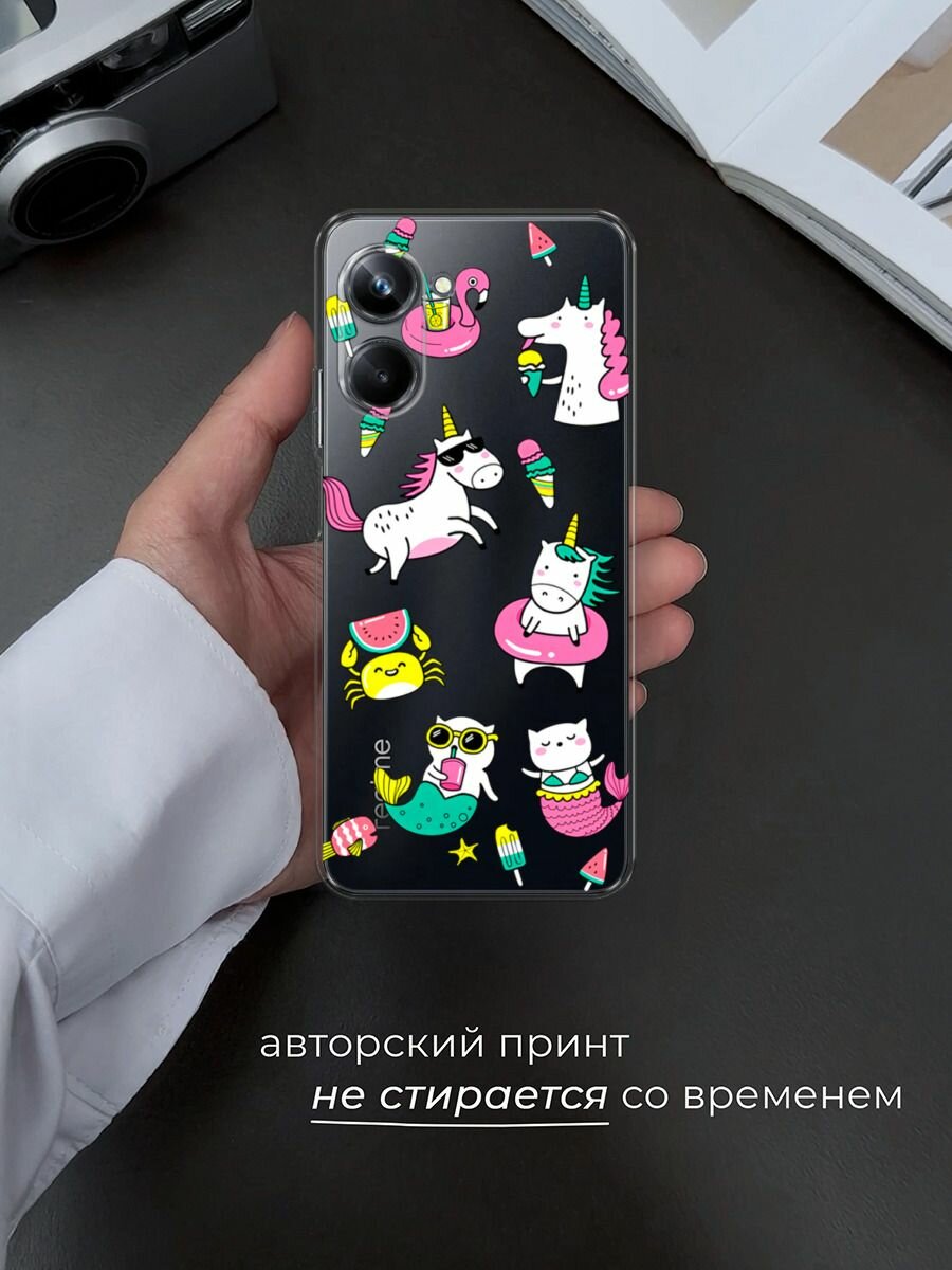 Чехол на Realme 10 Pro / Реалми 10 Про с принтом "Единороги в отпуске", прозрачный — фото 1