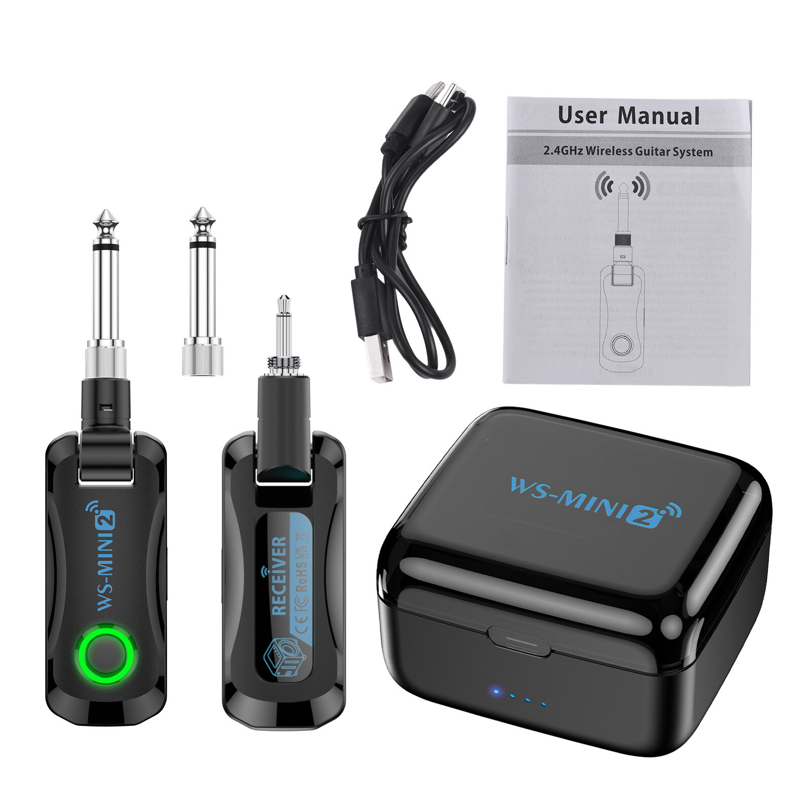 Беспроводная гитарная система 2.4G, перезаряжаемый портативный передатчик-приемник с зарядным отсеком, 4-канальная аудиопередача, поворот на 210 градусов, подключение и использование без установки драйверов для электрогитары/акустической бас-гитары.