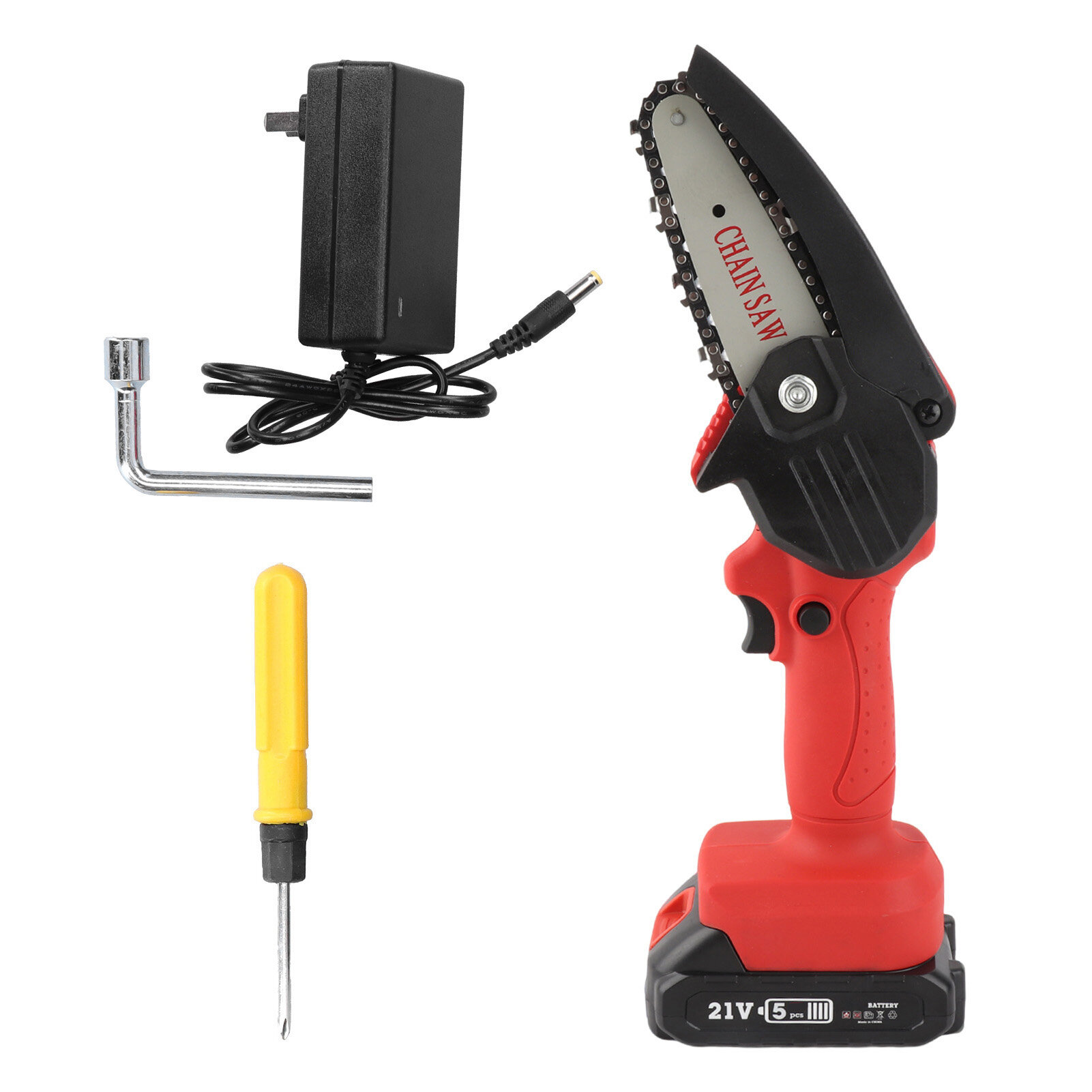 Электрическая цепная пила красная, мини-ручная, перезаряжаемая, мощная, для валки деревьев на открытом воздухе.
