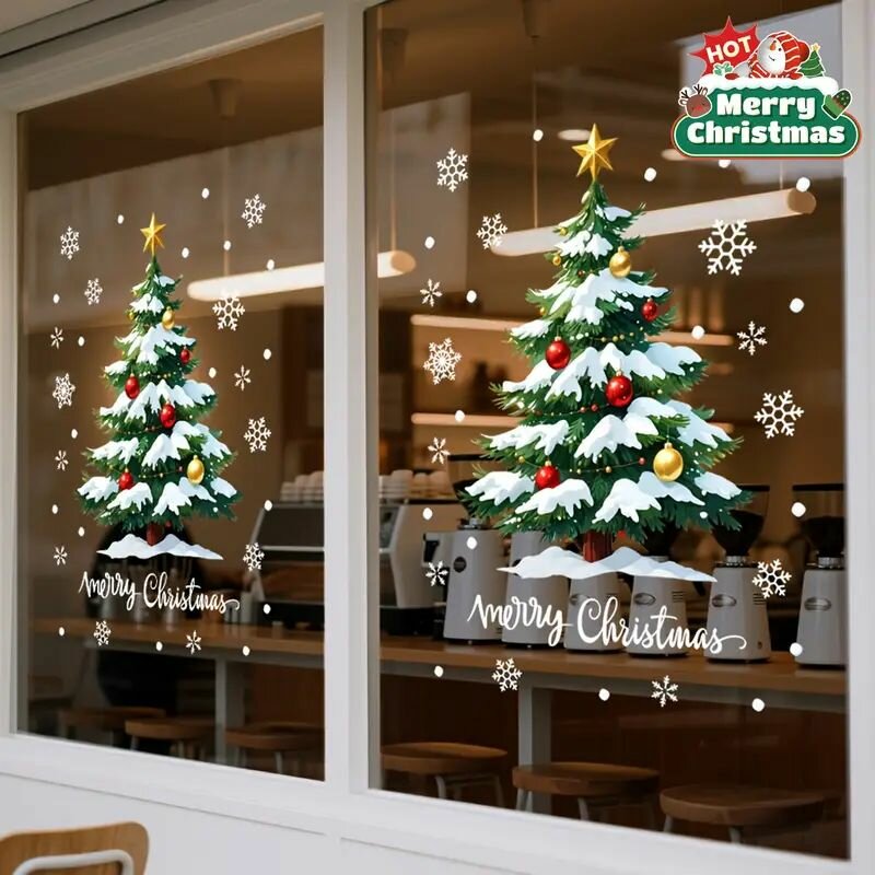 Рождественские оконные наклейки 45 60 см, 3D с изображением тигра и ёлки, статическая ПВХ-плёнка, многоразовая, праздничный декор для дома