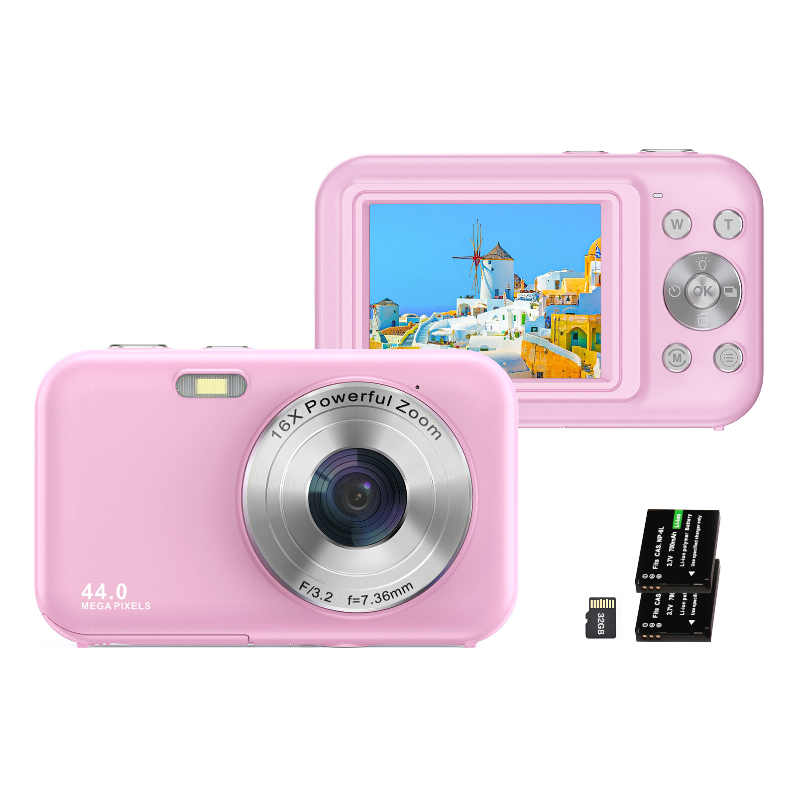 Портативная цифровая камера 1080P, видеокамера 44MP, 16-кратный цифровой зум, автофокус, самосъемка, анти-трясение с 2 аккумуляторами и 32 ГБ картой памяти. Отличный подарок для детей, мальчиков, девочек, взрослых, подростков и студентов.
