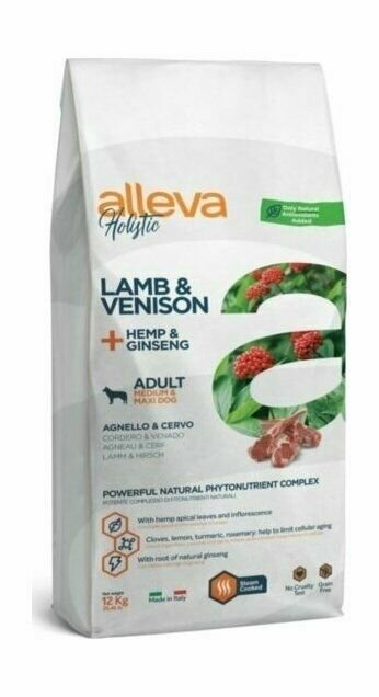 Alleva Holistic - Сухой корм для взрослых собак средних и крупных пород, беззерновой, ягненок с олениной, коноплей и женьшенем (12 кг)