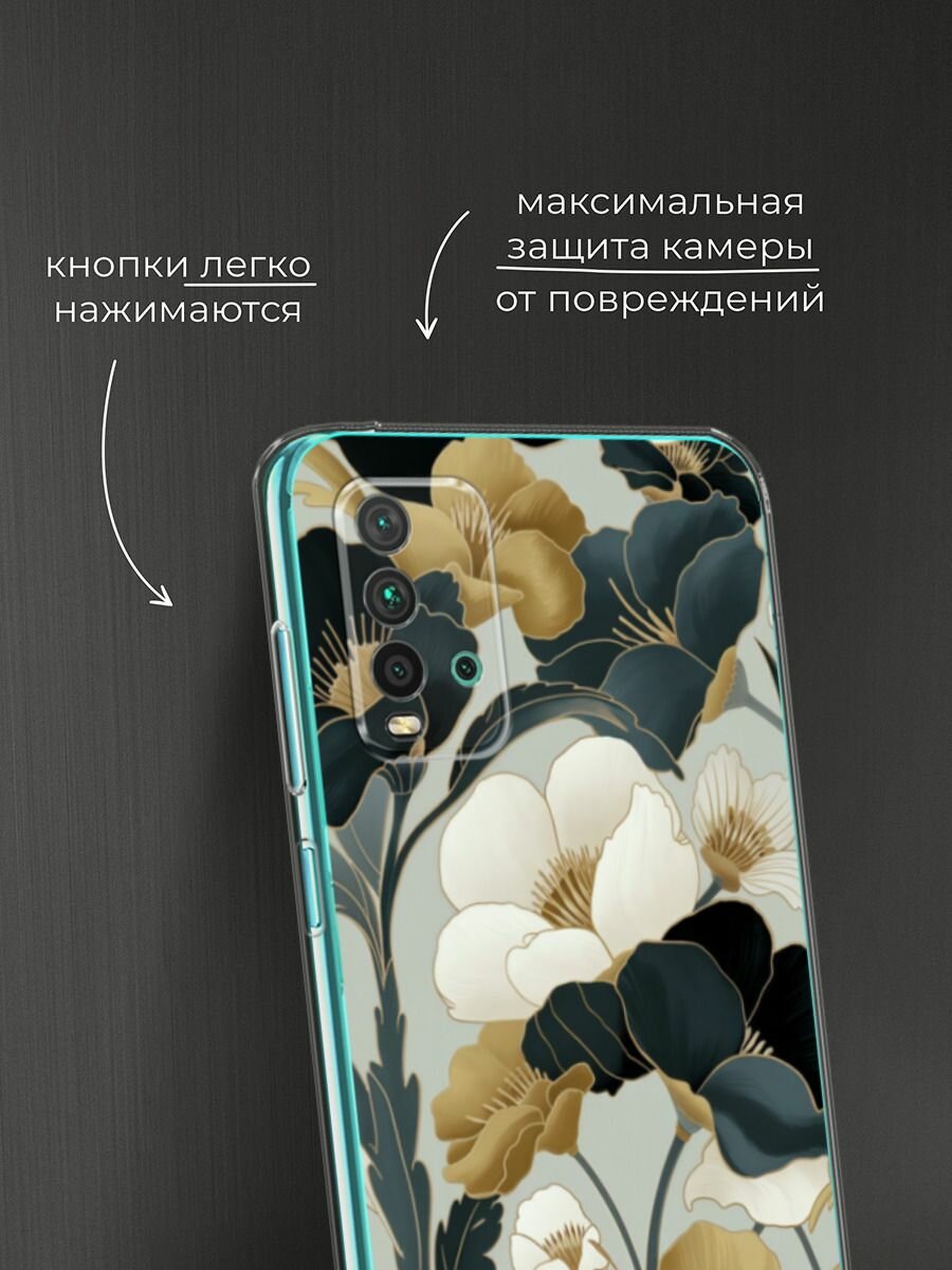 Чехол на Xiaomi Redmi 9T / Сяоми Редми 9Т с принтом Золотые и белые цветы — фото 1