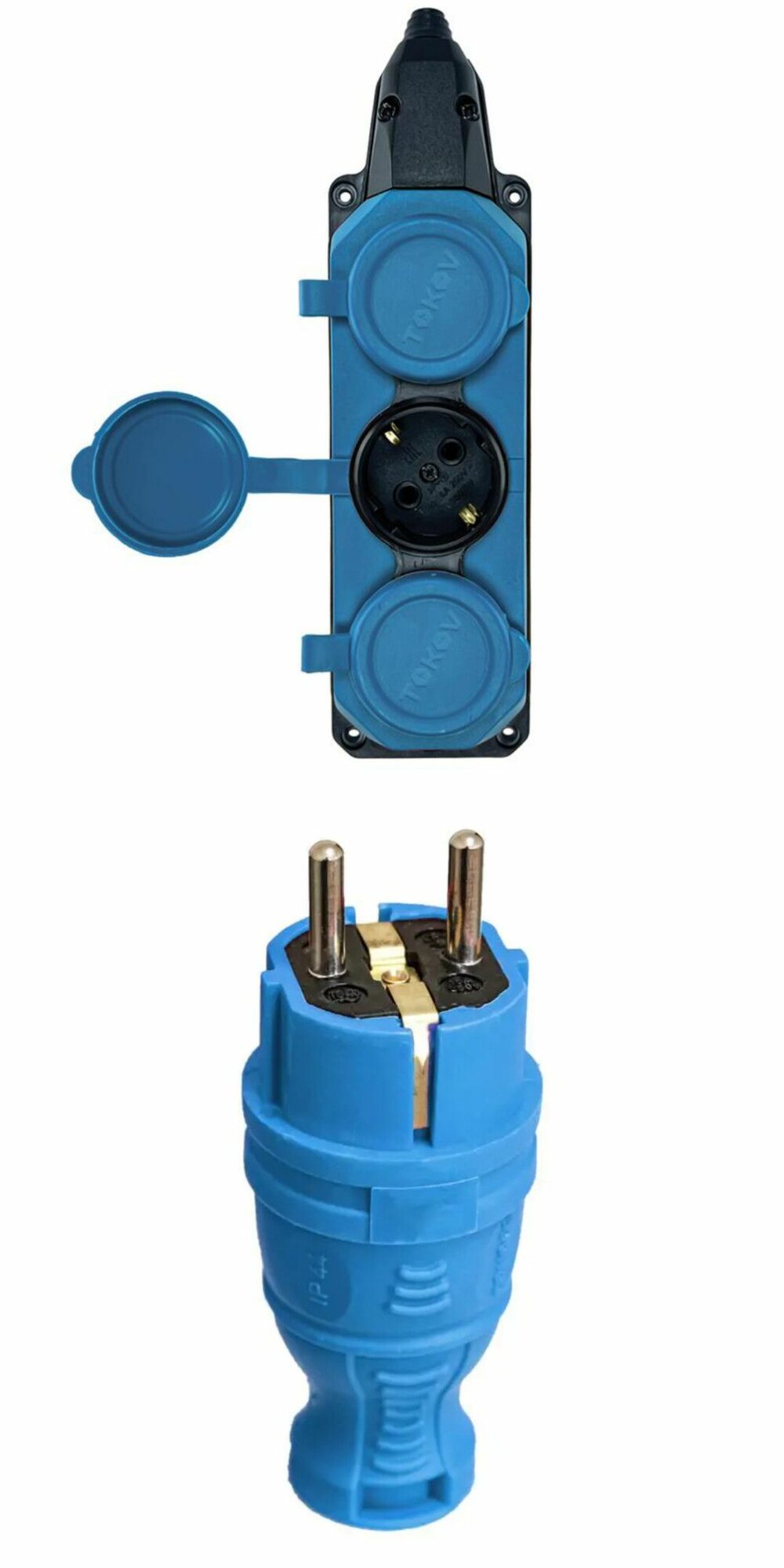 Комплект Колодка 3-м с крышкой+Вилка прямая 16А IP44 с заземлением каучуковая, цвет синий