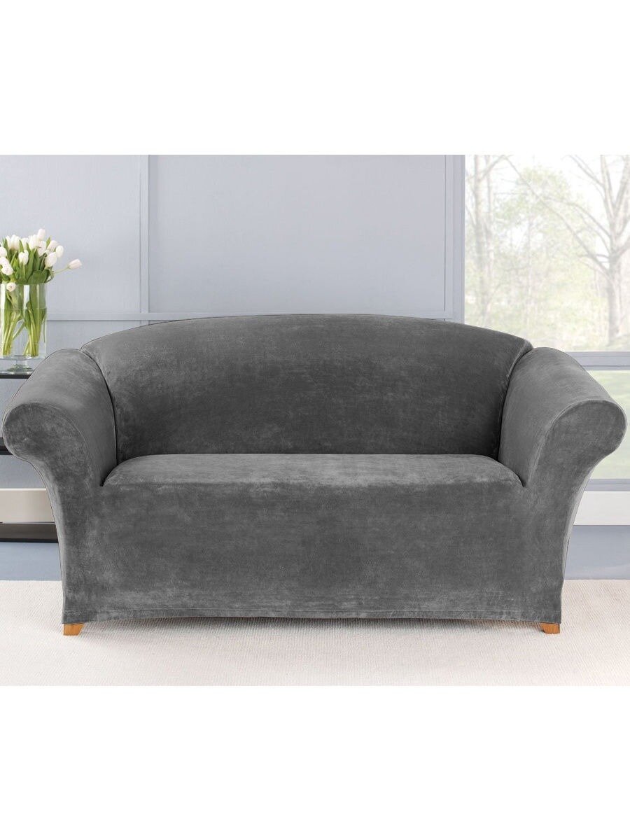 Чехол на трехместный диван Бруклин серый, стрейчевый велюр, Виктория Хоум Декор