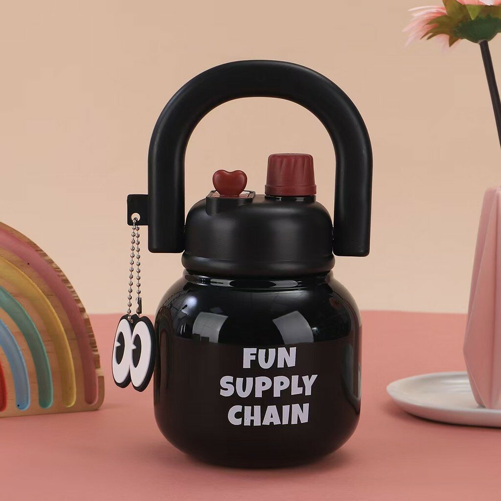 Adorable cartoon double drinking portable water bottle with large capacity and cute design for girls black