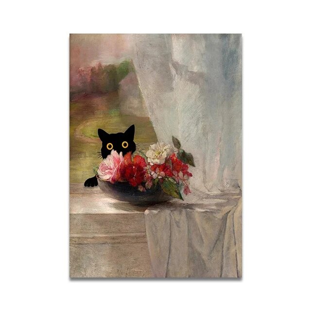 Плакат "Кошка с цветами", черный, 21x30 см, SW9914