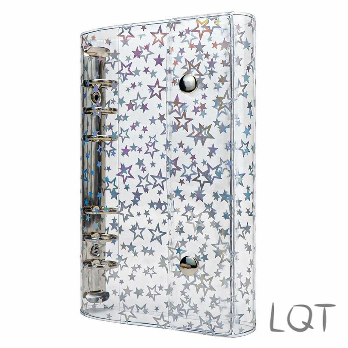 Бюджетная обложка для блокнота формата А6 из прозрачного ПВХ с 6 кольцами и блестками в виде звезд, многоразовая защитная оболочка для блокнота с 2 кнопками