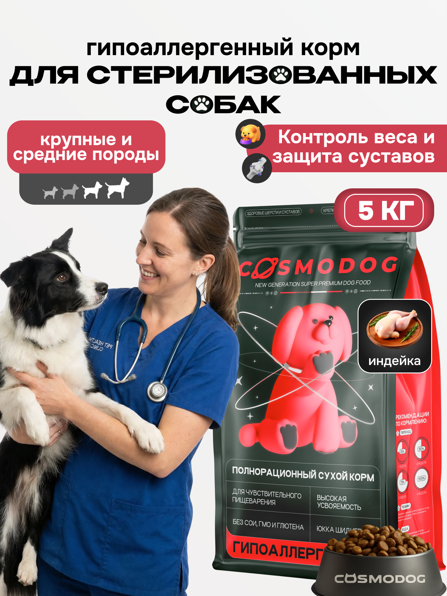 Корм для стерилизованных собак сухой 2 кг Cosmodog от Cosmopet с индейкой, гипоаллергенный для крупных и средних пород