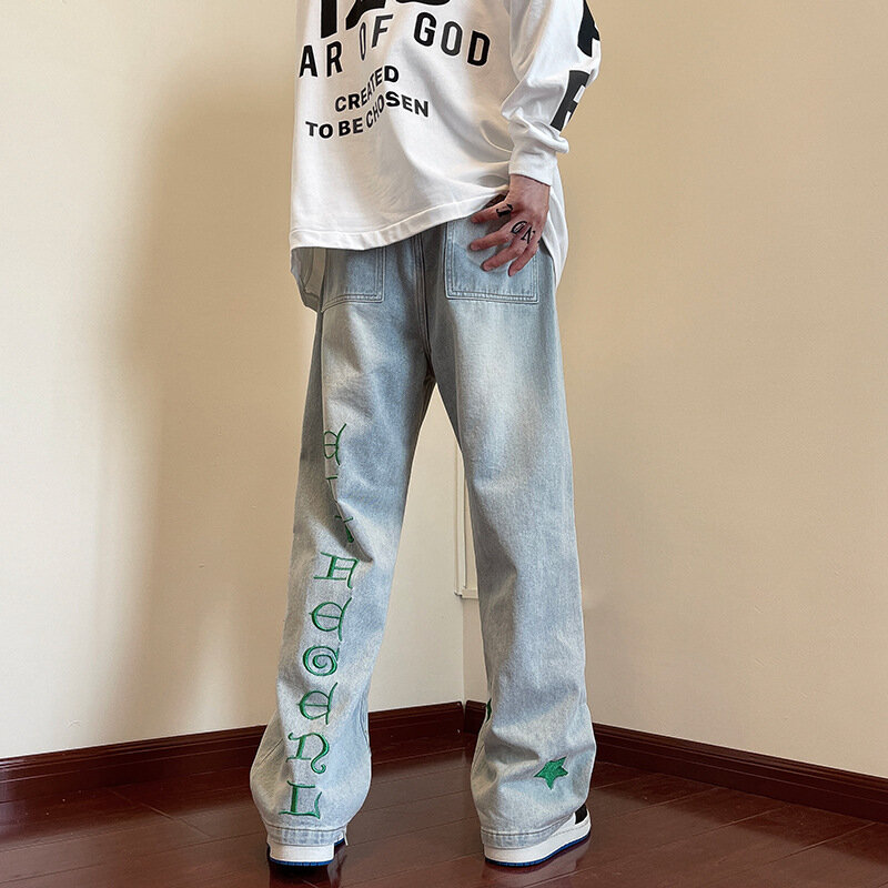 Уличные JYL Джинсы Мужские Американские Коричневые Весенние Хип-Хоп Стройные Деним, Размер_M