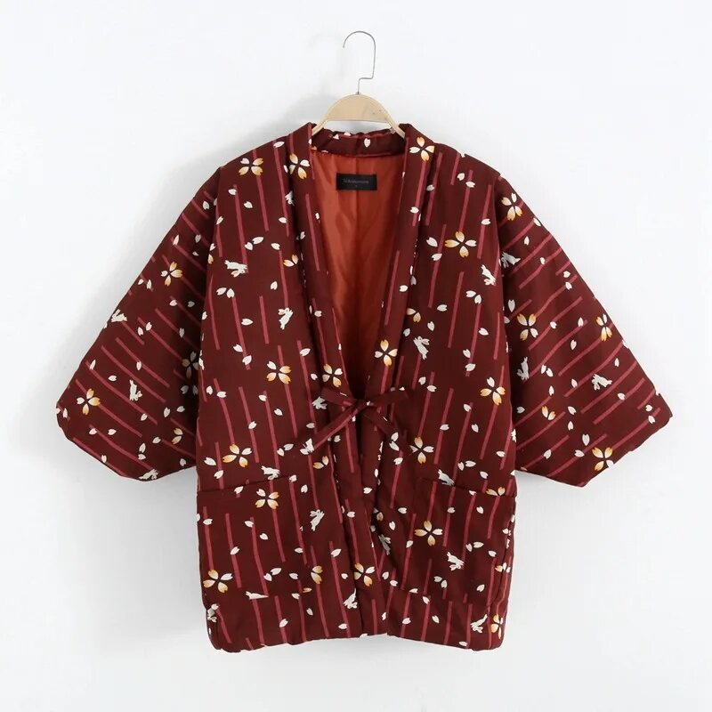 Женское зимнее кимоно Hanten из хлопка Бордовый, М, B