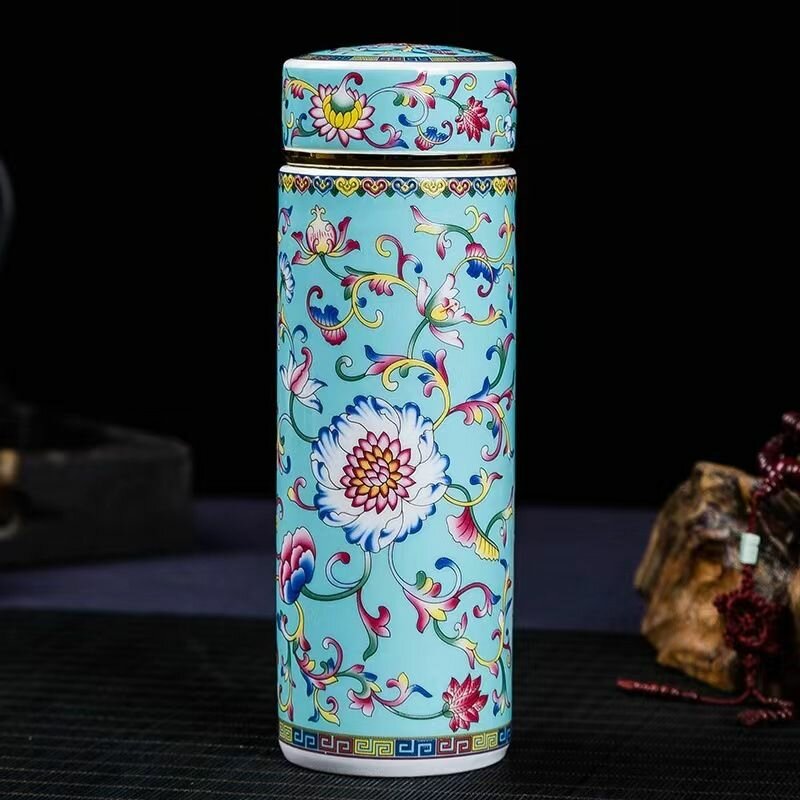 Керамическая эмалированная кружка с двойным слоем внутренней подкладки, изолированная, сине-белая фарфоровая чашка для офиса с крышкой, портативная подарочная кружка для воды