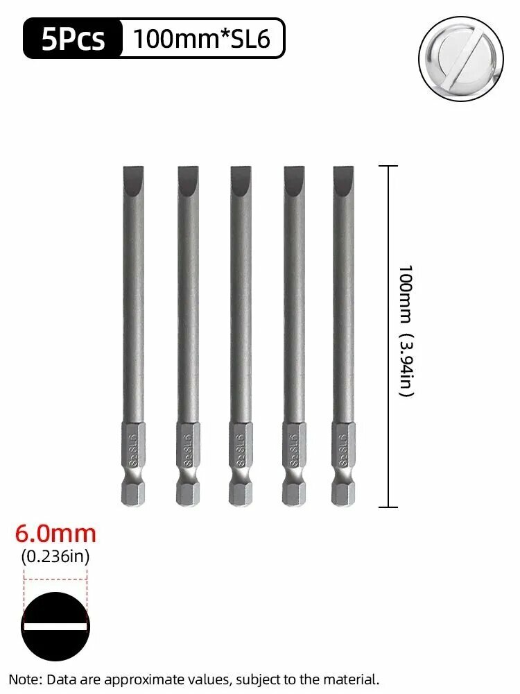 Биты магнитные для шуруповерта, с шестигранным хвостовиком 1/4", шлицевые плоских, SL6х100 мм, 5 шт.