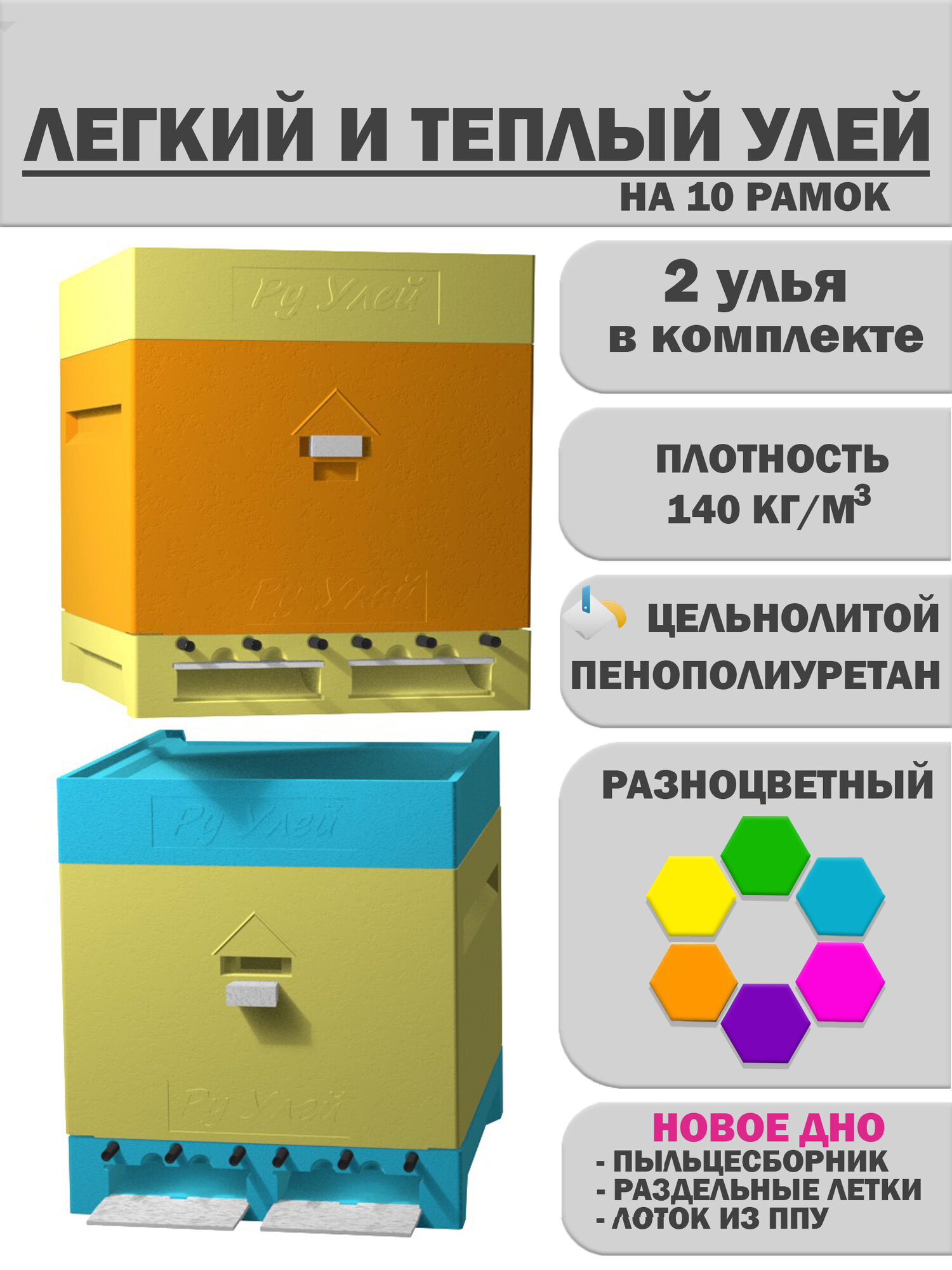 Улей для пчел ППУ 10 рамочный "Ру Улей", комплект из двух ульев Дадан