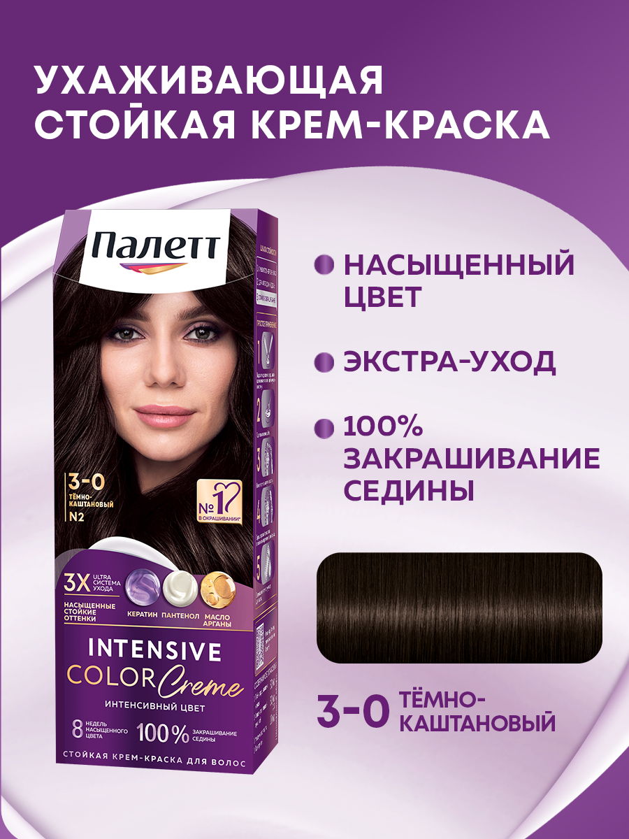 Палетт Стойкая крем-краска для волос Интенсивный цвет 3-0 (N2) Тёмно-каштановый, 110 мл