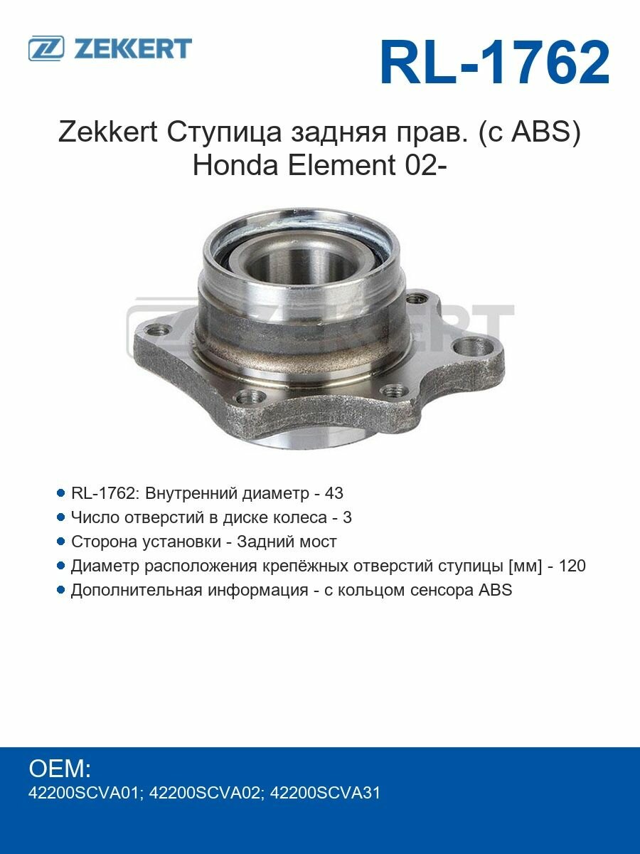 Zekkert Ступица задняя прав. (с ABS) Honda Element 02-