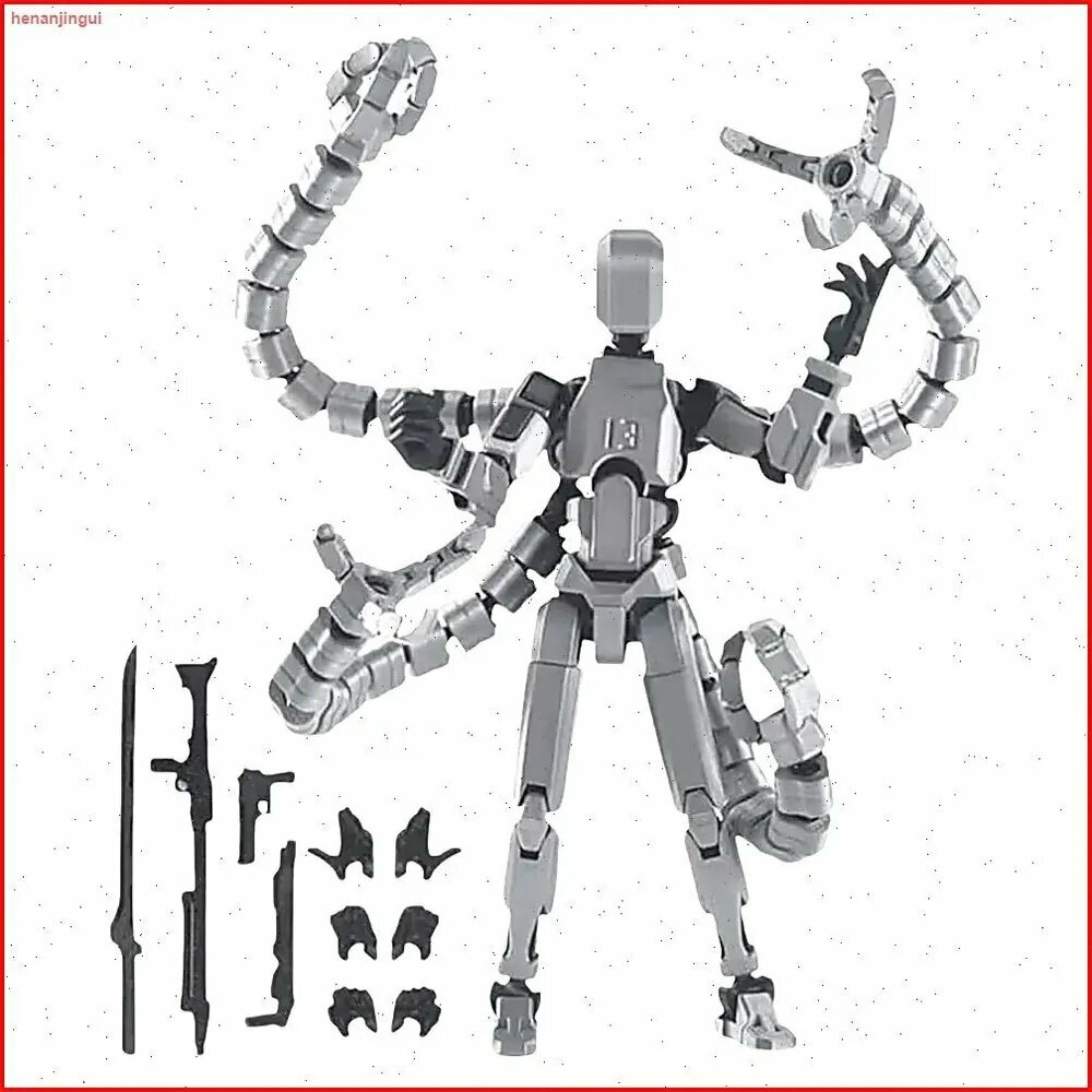 Фигурка робота с длинными щупальцами, аксессуарами, подвижными суставами. 3D-модель робота, напечатанная на принтере.