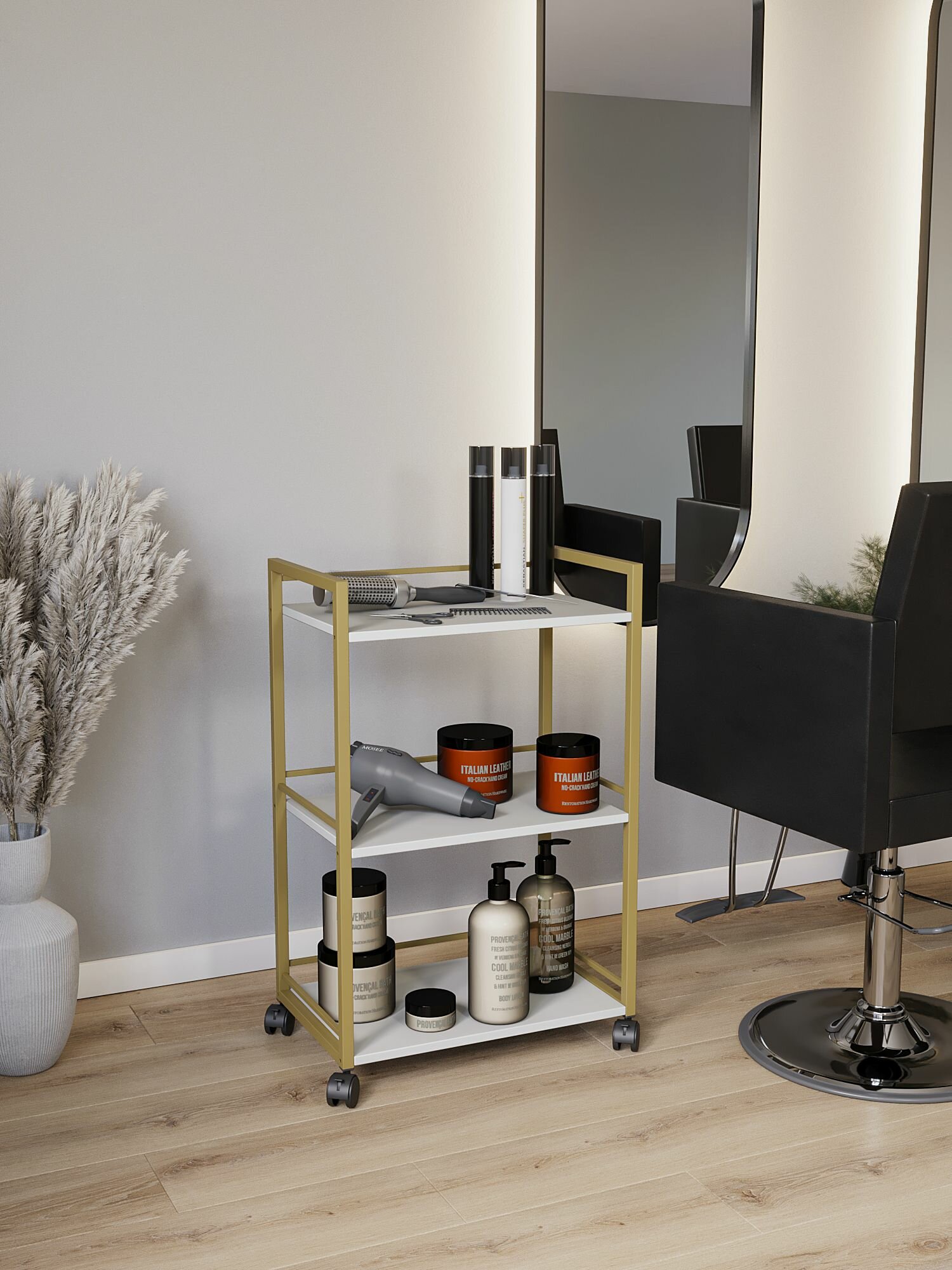 Этажерка косметологическая для мастера подкатная на колесиках золото/белый