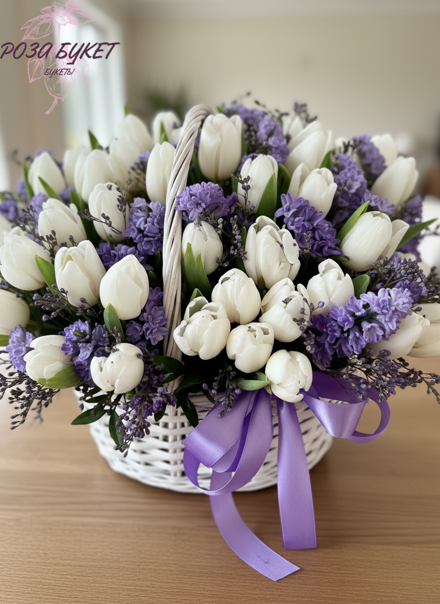Букет цветов, букет из белых тюльпанов 71, статицы, лимониума в плетеной белой корзине, премиум цветы, долгий букет