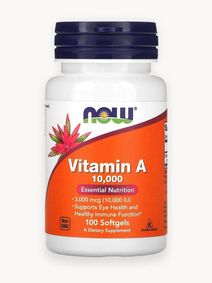 NOW Витамин А оригинал 100 капсул, ретинол пальмитат 10000 ME для зрения, лица, волос и иммунитета