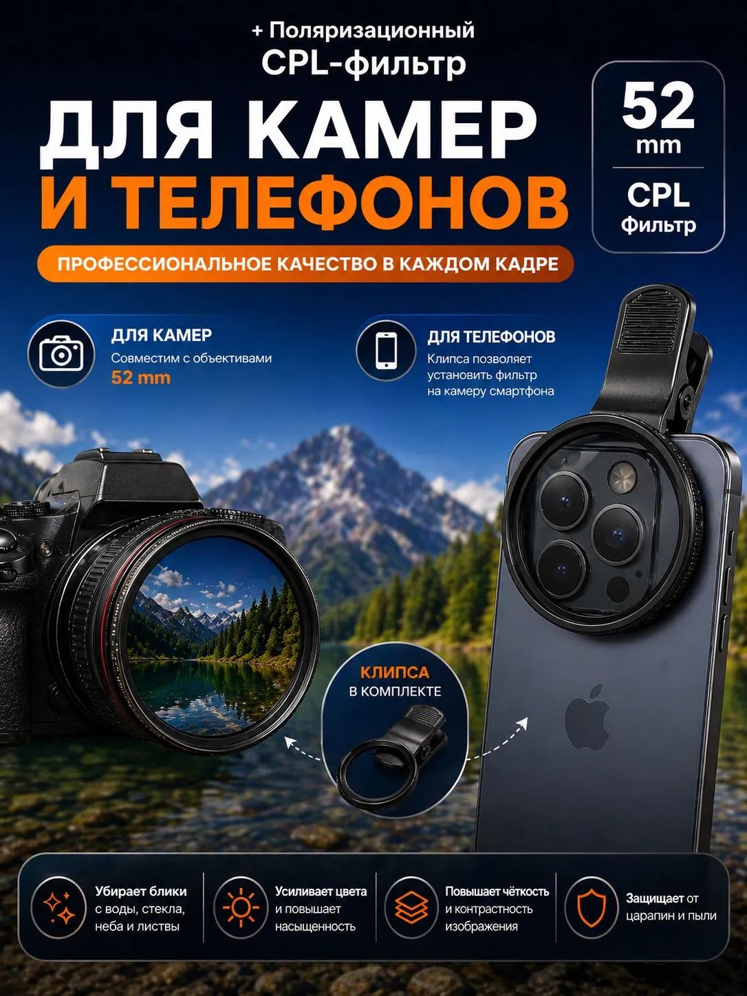 Поляризационный CPL светофильтр 52 мм для смартфона и камеры, антибликовый для фото и видео