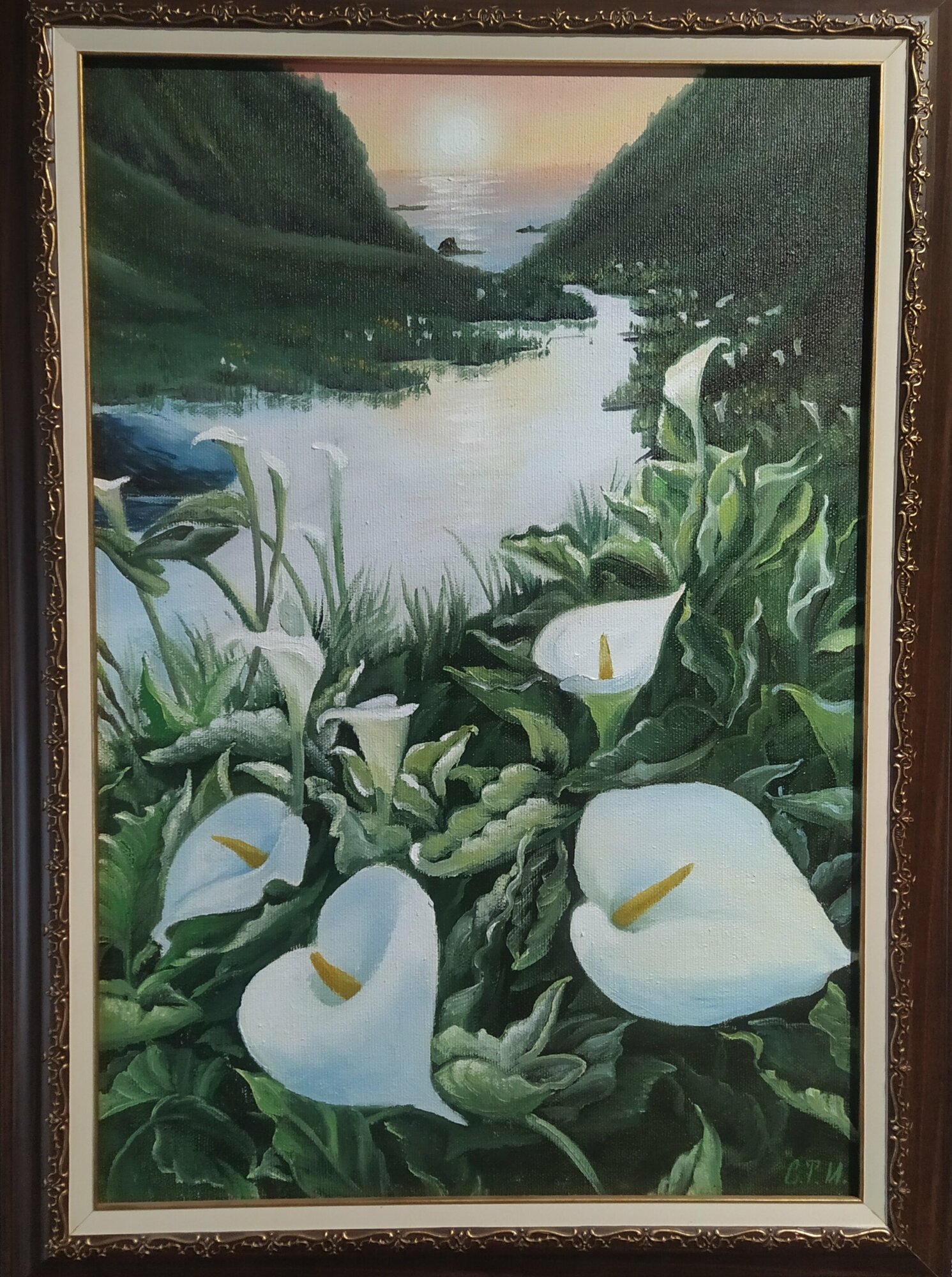Пейзаж "Каллы на закате", картина маслом, холст 60*44 см, ручная работа, Соснина Татьяна.