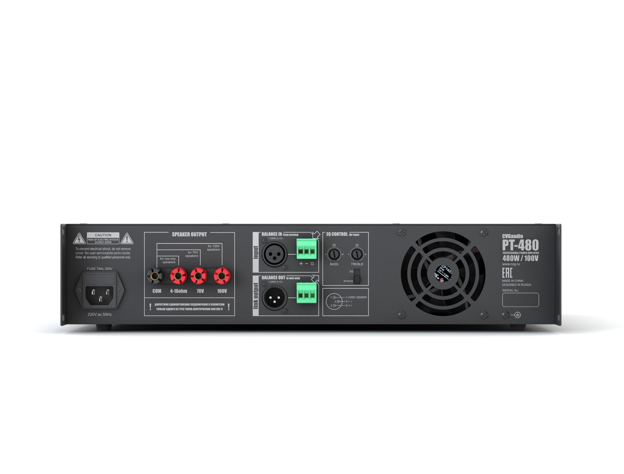 CVGAUDIO PT-480 - Профессиональный высококачественный усилитель мощности для систем трансляции музыки и речевого оповещения, 480W/100V, балансный XLR/Euro Block вход, линкующий XLR /Euro Block балансный выход, 2U.