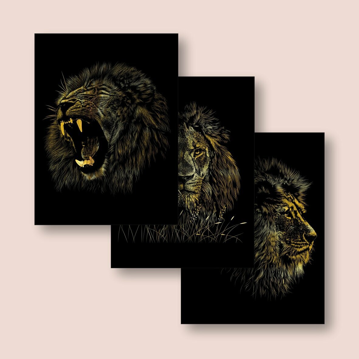 Постеры интерьерные золотые (3 штуки, 30х40 см). Картины /декор для дома / интерьерный коллаж. Львы