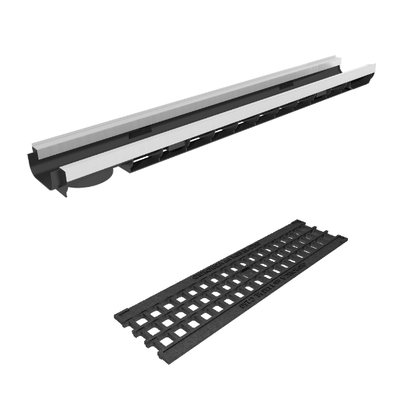 Лоток водоотводный пластиковый усиленный DN100 высота 66 мм с чугунной ячеистой решеткой и крепежом в комплекте класс С250