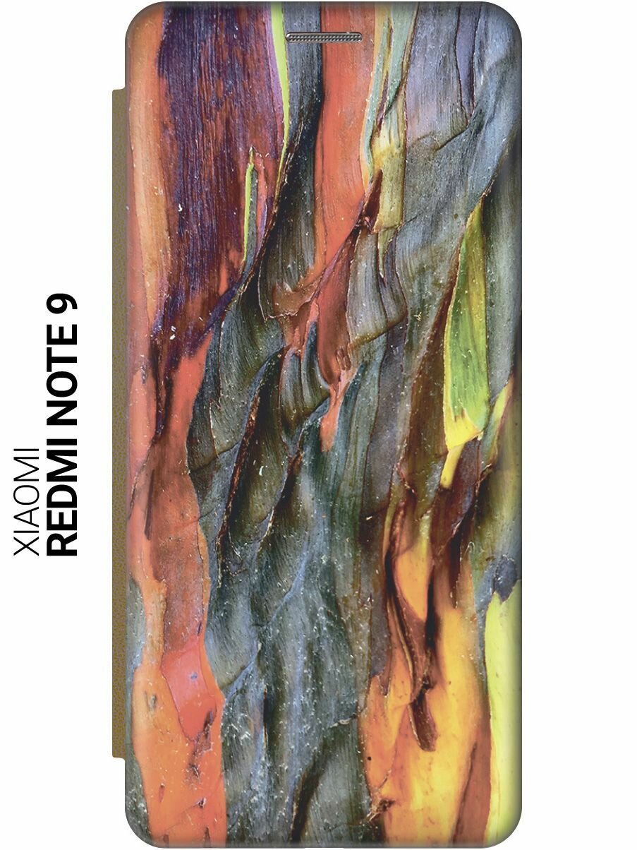 Чехол-книжка на Xiaomi Redmi Note 9, Сяоми Редми Ноут 9 c принтом "Пожухшее дерево" золотистый