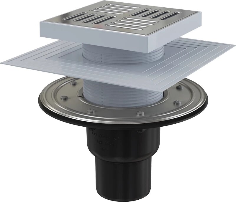Душевой трап AlcaPlast APV4444 150x150/50/75 мм, с решеткой, перфорированный, хром