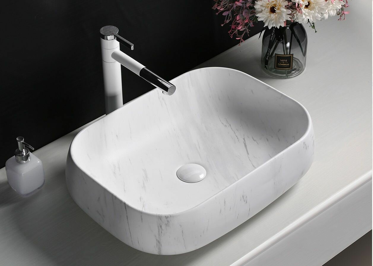 Раковина Ceruttispa CR0086 MMW1 накладная, мрамор матовый белый, овальная 565х400х145