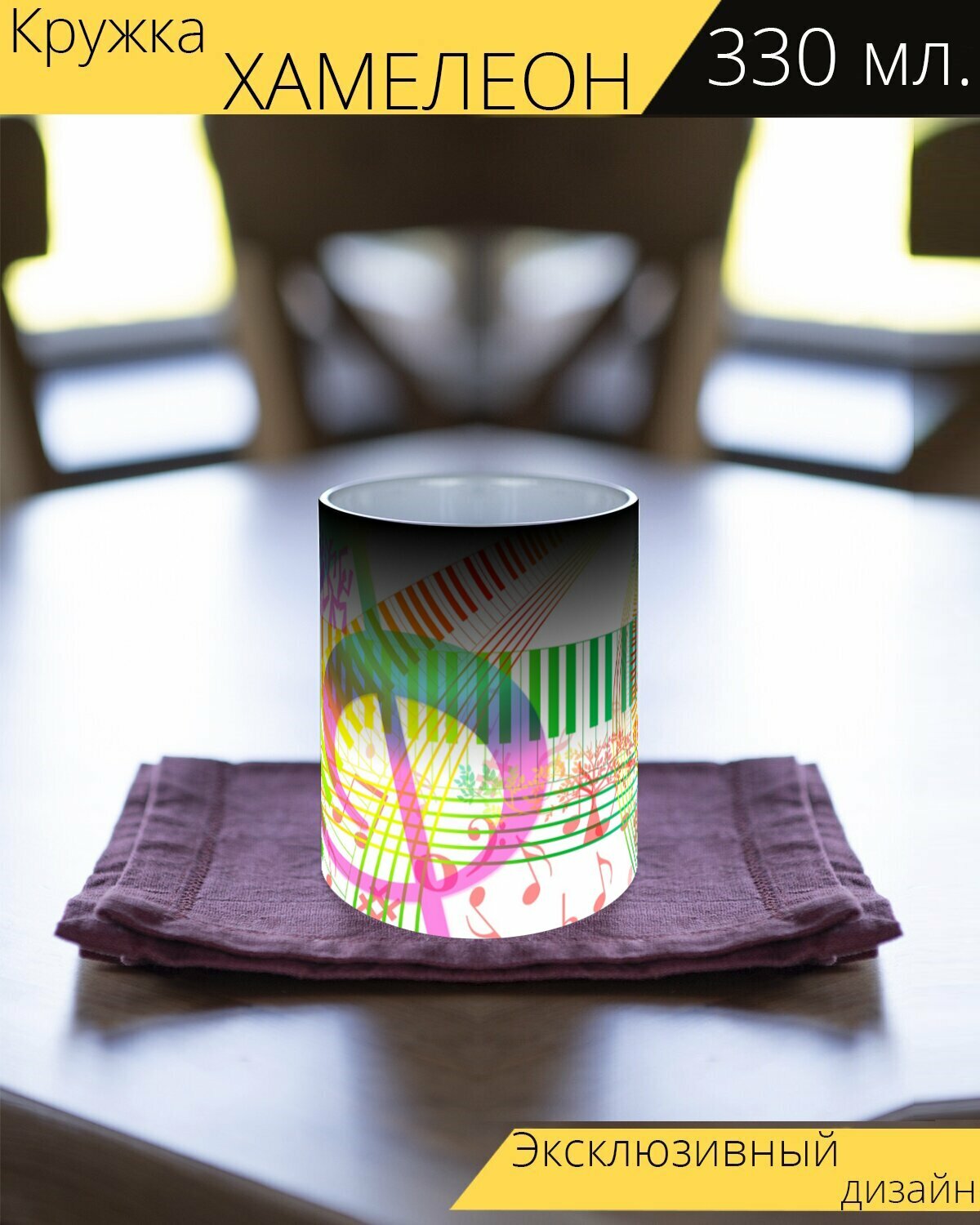 Кружка хамелеон с принтом "Музыка, пианино, скрипичный ключ" 330 мл.