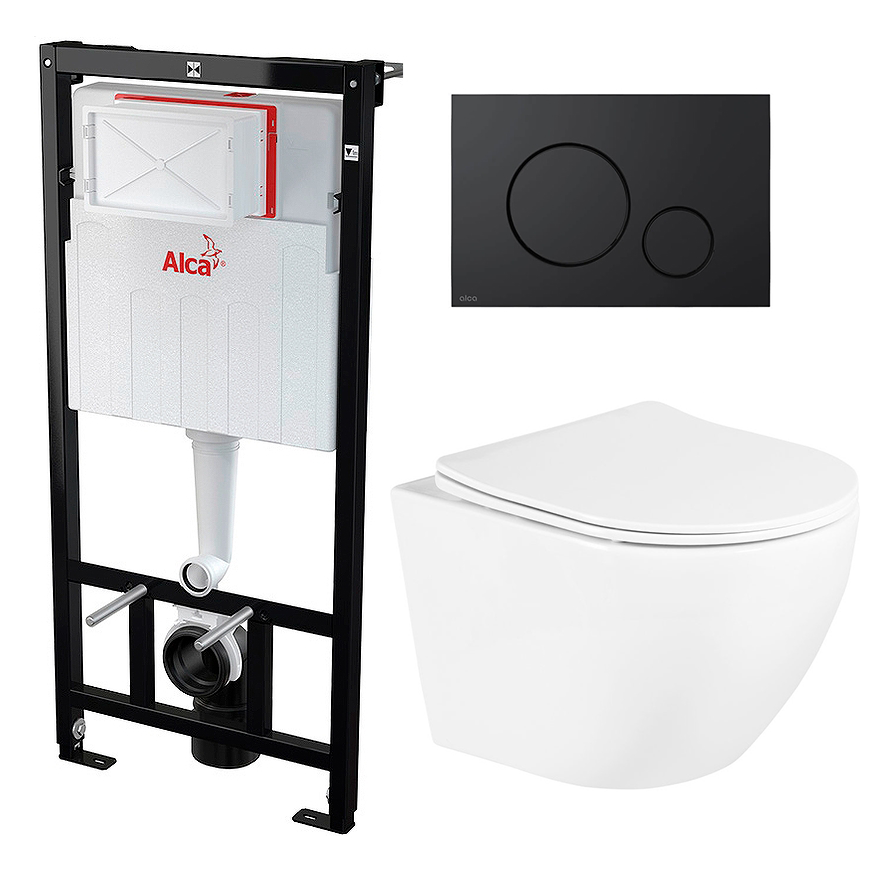 Комплект 3 в 1 инсталляция AlcaPlast + Унитаз подвесной BelBagno Uno + черная кнопка