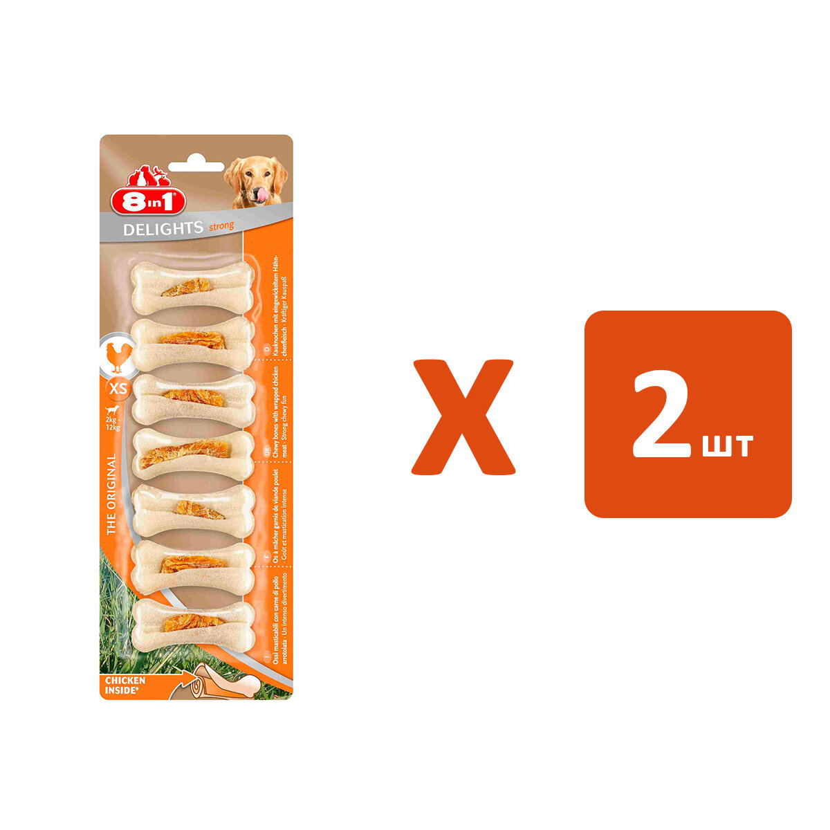 Лакомство 8 IN 1 DELIGHTS STRONG XS для собак маленьких пород косточка для зубов 7,5 см 7 шт (1 шт х 2)