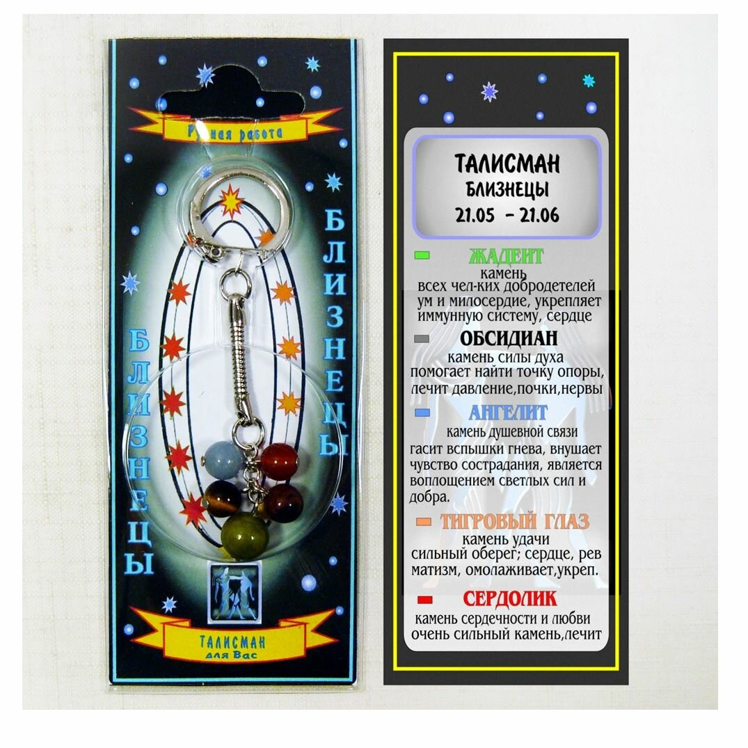 Брелок Талисман удачи с камнями самоцветами Близнецы (круглый), 8х3 см