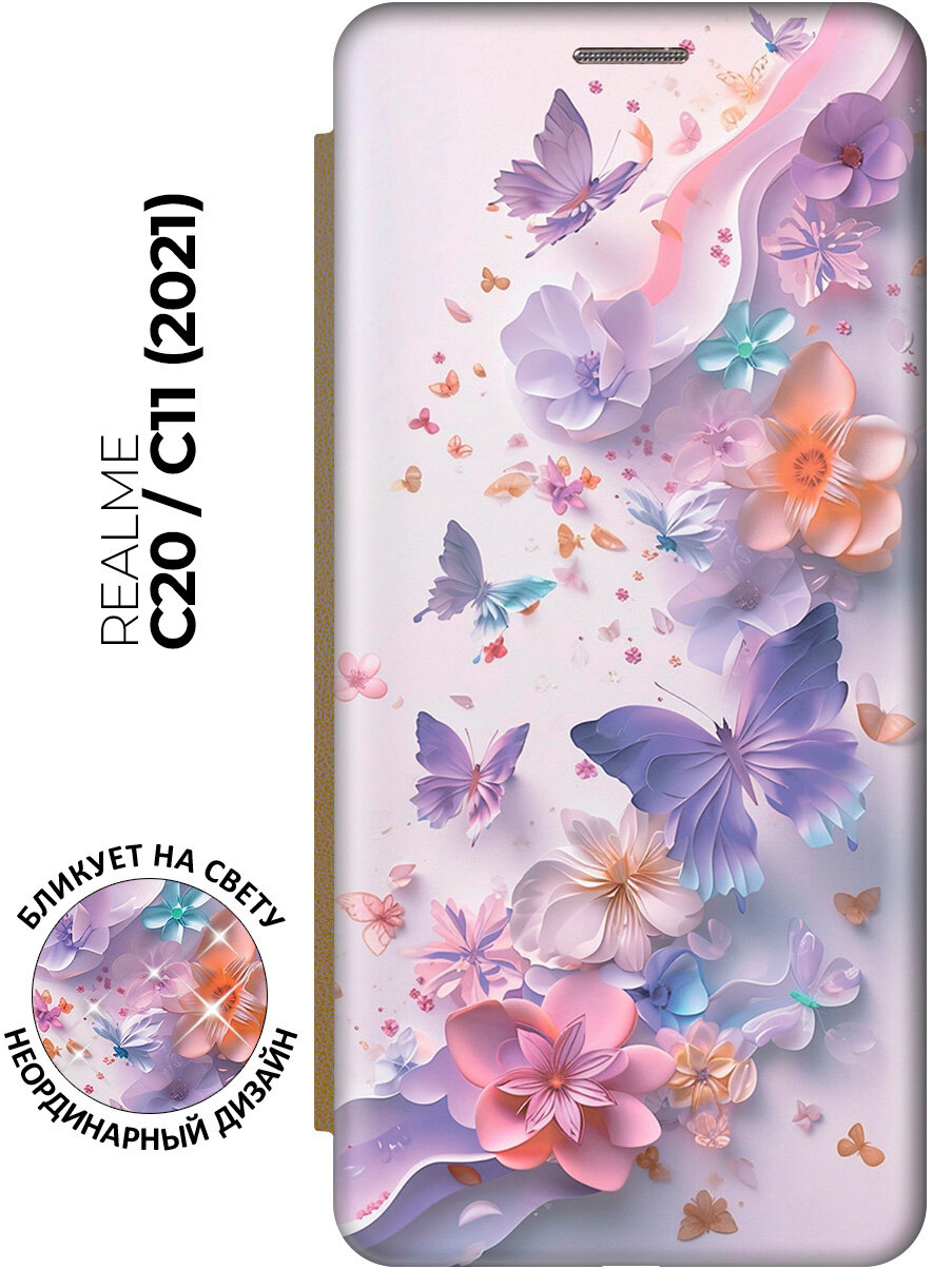 Чехол-книжка на realme C20 / C11 (2021) с принтом "Фиолетовые бабочки и бумажные цветы" золотой