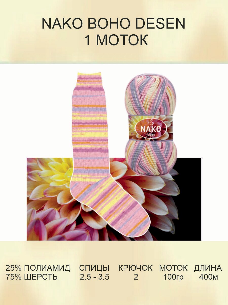 Пряжа для вязания Nako Boho Desen Нако Бохо: (82135), 1 шт 400 м 100 г, 25% полиамид, 75% шерсть