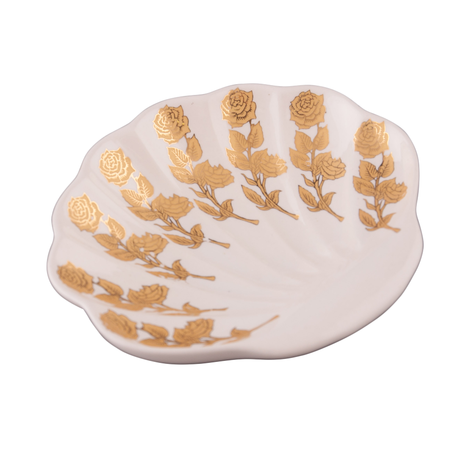 Блюдце "Ракушка" (бел, золотая роза)