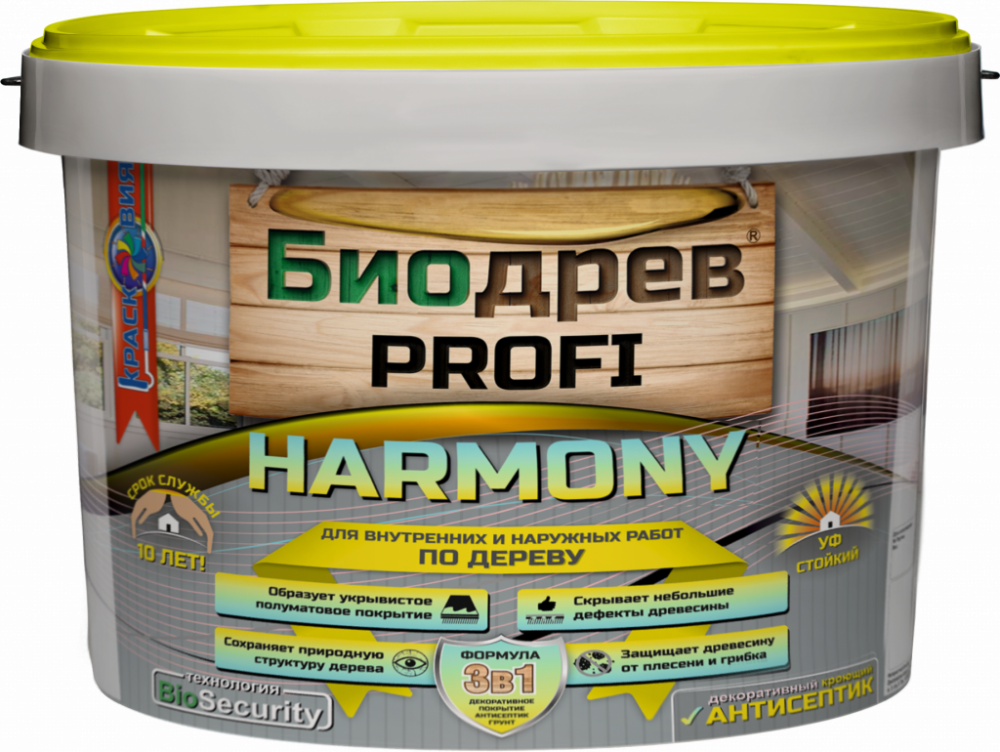 Антисептик Кроющий для Дерева Красковия Биодрев PROFI "HARMONY 3в1" 10кг Водный, Белый, Полуматовый с Защитой от Плесени и Грибка.