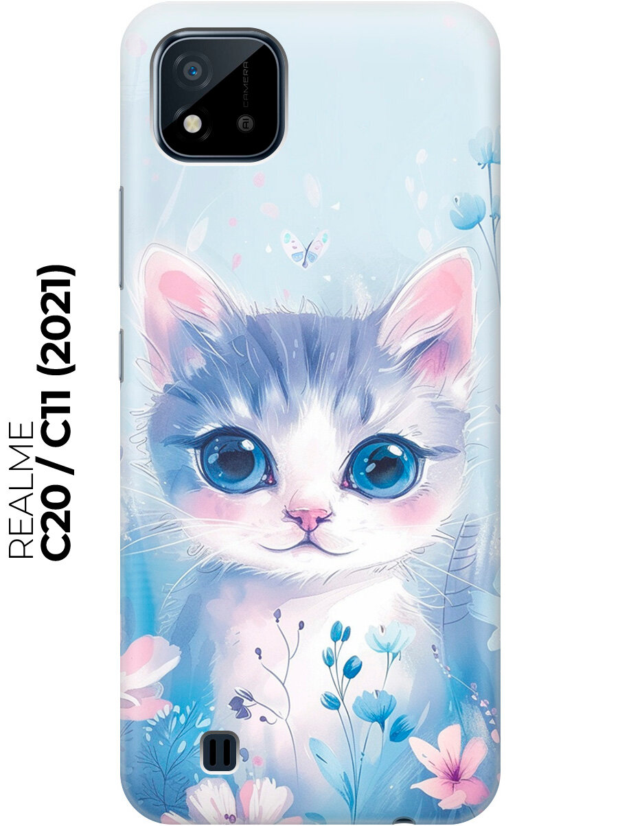 Силиконовый чехол на realme C20 / C11 (2021) с принтом "Котик в цветах"