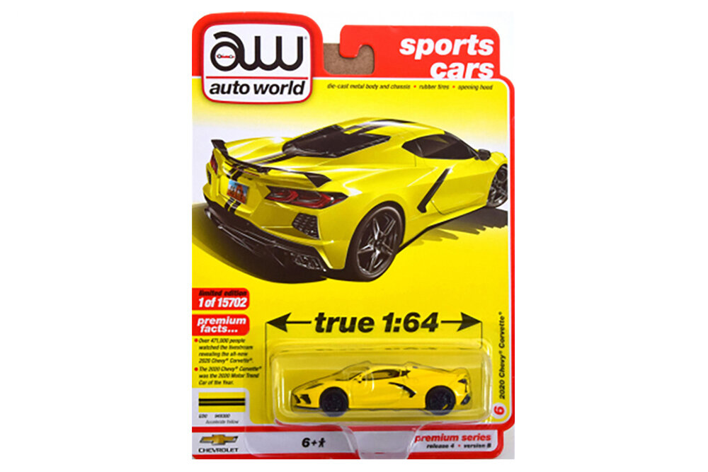 Модель коллекционная AUTO WORLD Chevrolet corvette C8 coupe (2020), yellow (длина модели 6-10 см)