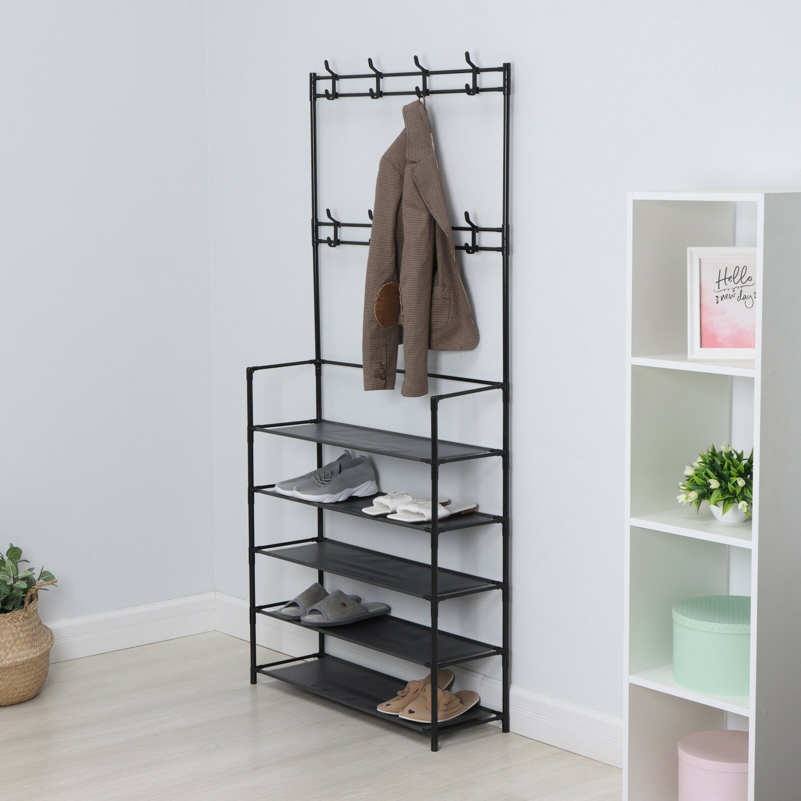 Вешалка - стойка напольная для одежды LaDоm, с полками для хранения, 5 ярусов, 80×26×165 см, чёрная