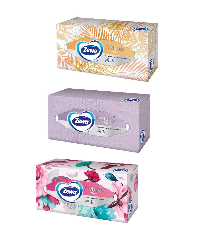 Салфетки бумажные косметические "зева" делюкс Дизайн 3-сл,90шт * 3уп