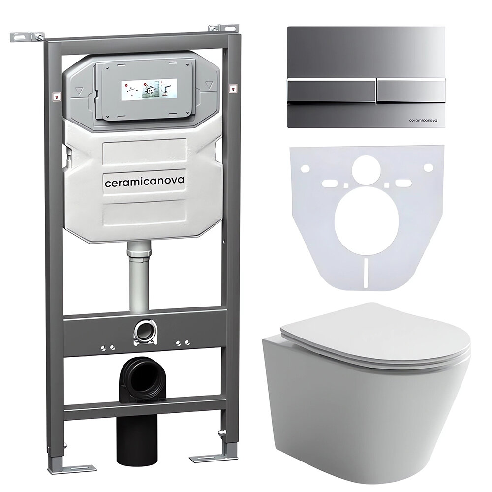 Комплект инсталляции 4 в 1 Ceramicanova Подвесной унитаз Balearica Rimless арт. CN6000 + Шумоизоляционная панель для инсталляции арт. CN1000 + Система инсталляции для унитазов CERAMICANOVA Envision с кнопкой смыва Flat цвет хром матовый, креплениями, арт.